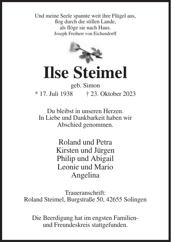 Ilse Steimel: Traueranzeige : Solinger Tageblatt Trauer
