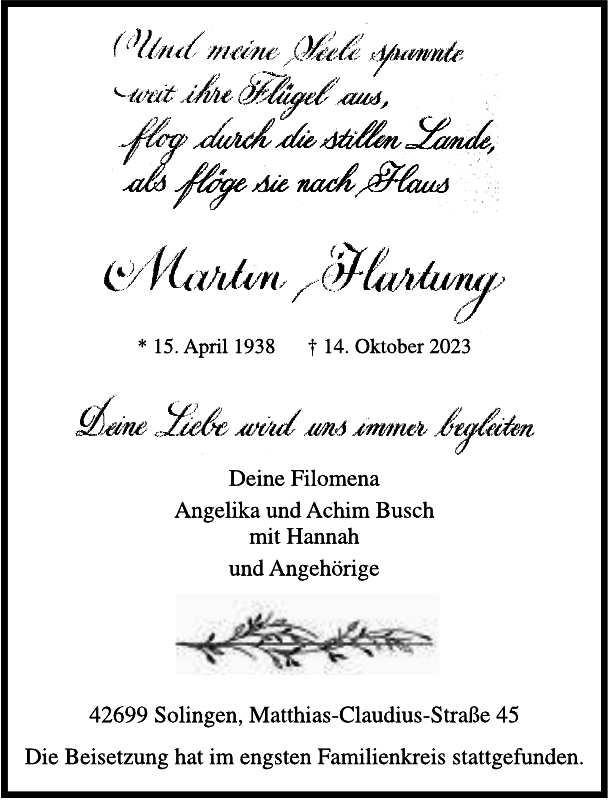 Martin Hartung: Traueranzeige : Solinger Tageblatt Trauer