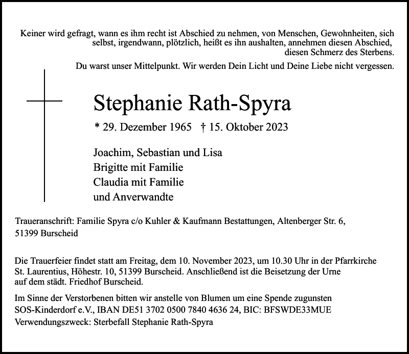 Stephanie Rath-Spyra: Traueranzeige : Remscheider General-Anzeiger