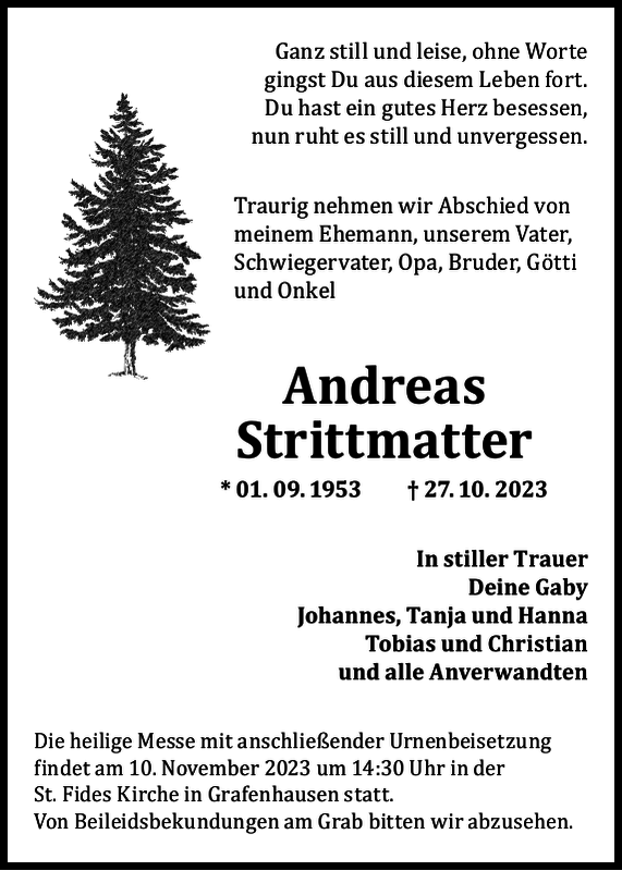Andreas Strittmatter: Traueranzeige : Badische Zeitung