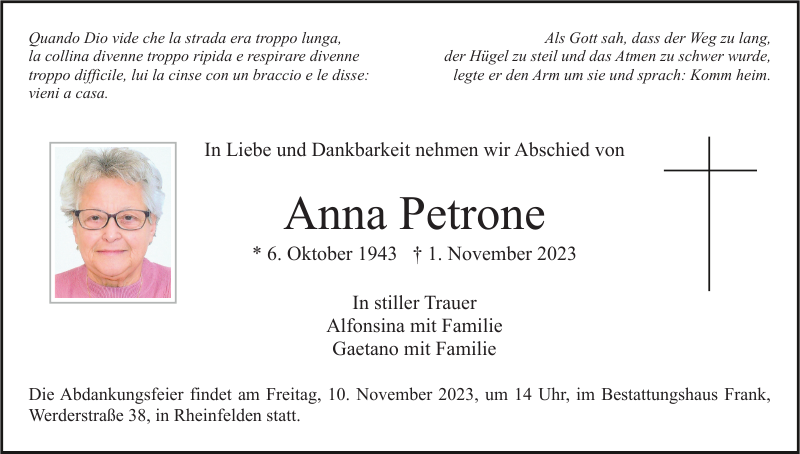 Anna Petrone: Traueranzeige : Badische Zeitung