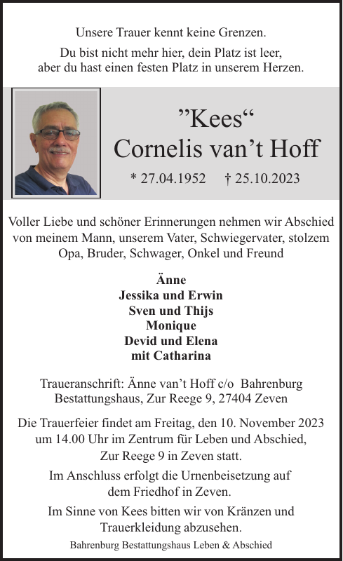 Cornelis van t (Kees) Hoff: Gedenken : Nordsee-Zeitung