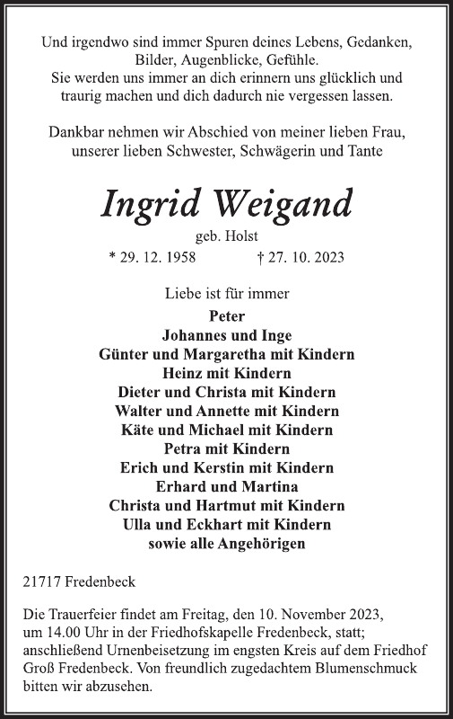 Ingrid Weigand: Traueranzeige : Stader Tageblatt