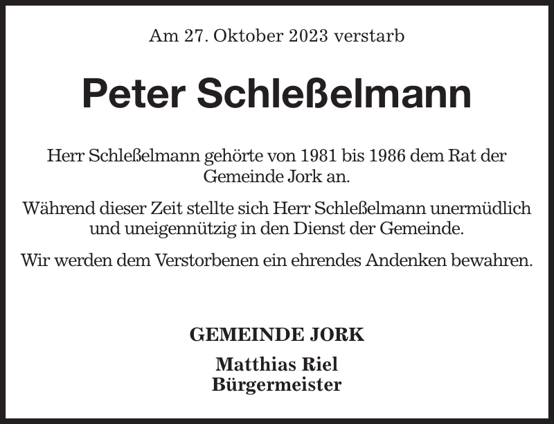 Peter Schleßelmann: Nachruf : Stader Tageblatt