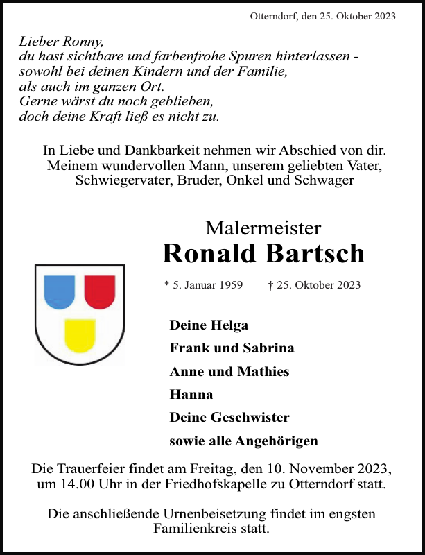 Ronald Bartsch: Traueranzeige : Niederelbe-Zeitung