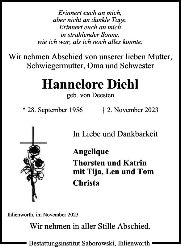 Hannelore Diehl: Traueranzeige : Niederelbe-Zeitung