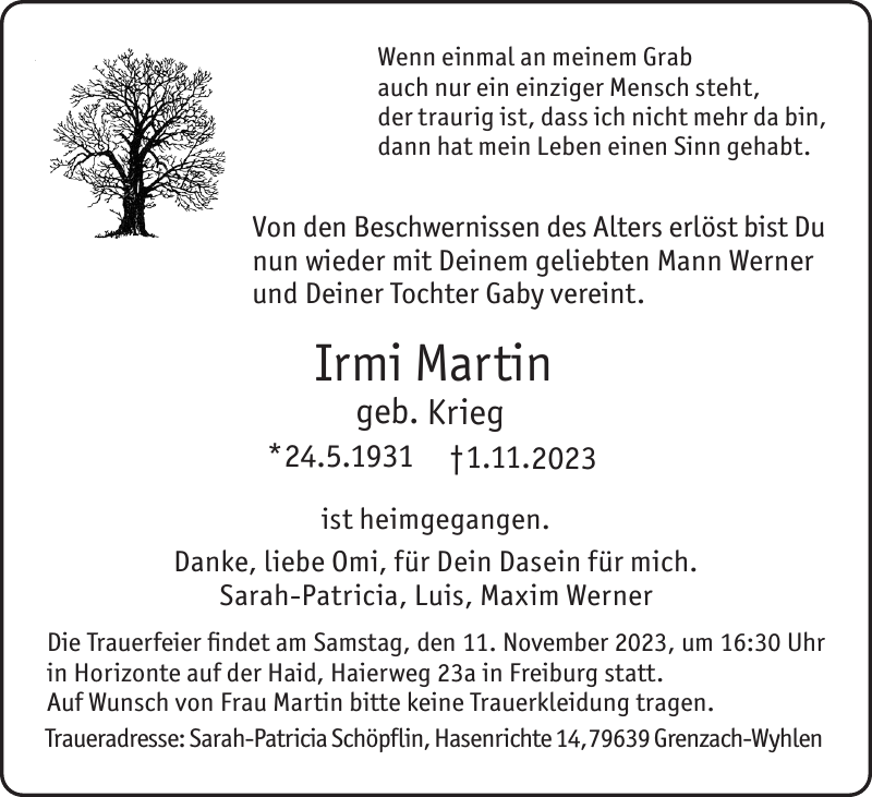 Irmi Martin: Traueranzeige : Badische Zeitung