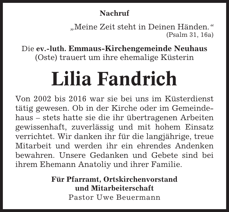 Lilia Fandrich: Gedenken : Niederelbe-Zeitung