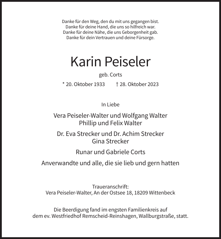 Karin Peiseler: Traueranzeige : Remscheider General-Anzeiger