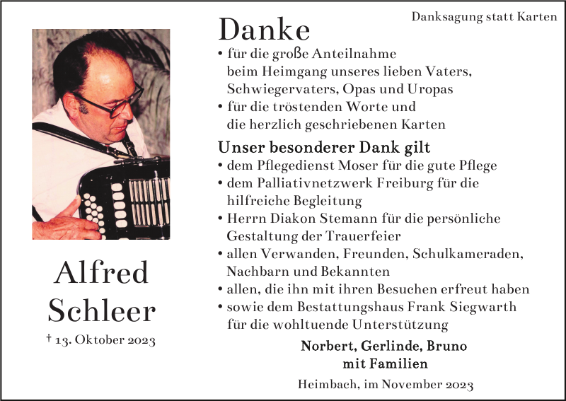 Alfred Schleer: Traueranzeige : Badische Zeitung