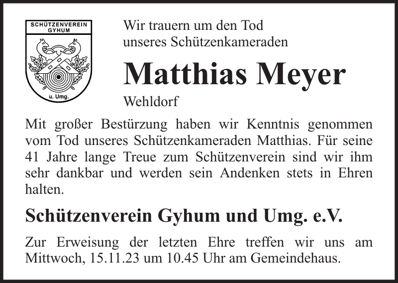 Matthias Meyer: Nachruf : Zevener Zeitung