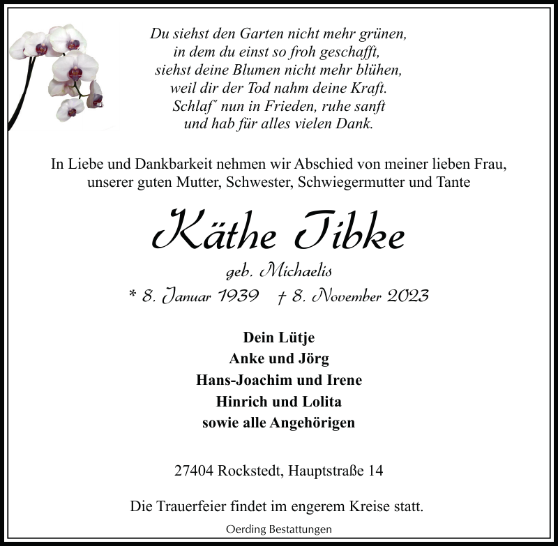 Käthe Tibke: Traueranzeige : Bremervörder Zeitung