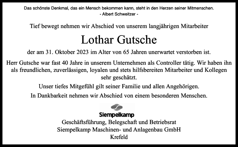 Lothar Gutsche: Nachruf : Westdeutsche Zeitung