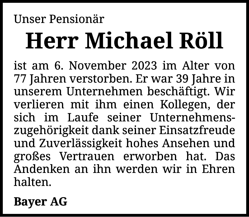 Michael Röll: Nachruf : Westdeutsche Zeitung