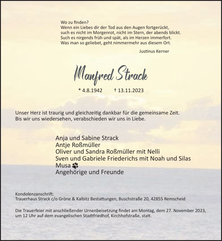 Manfred Strack: Traueranzeige : Remscheider General-Anzeiger