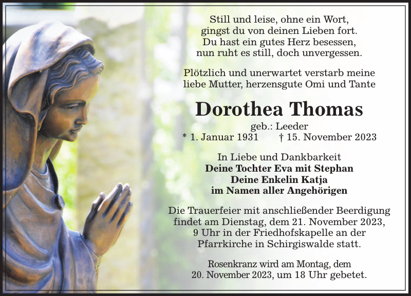 Dorothea Thomas: Traueranzeige : Sächsische Zeitung