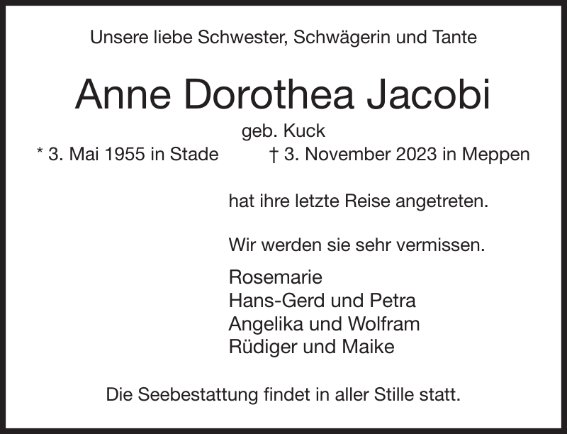 Anne Dorothea Jacobi: Traueranzeige : Stader Tageblatt