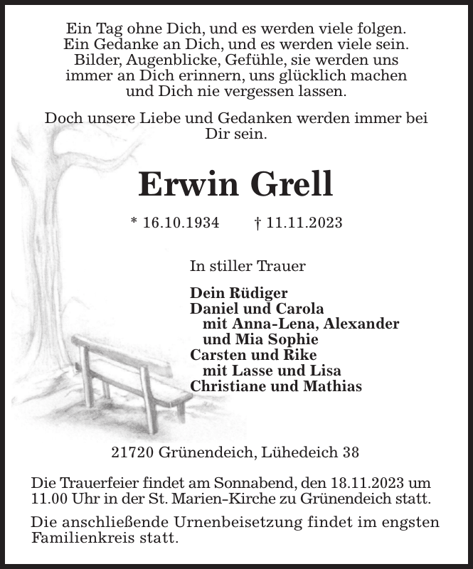 Erwin Grell: Traueranzeige : Stader Tageblatt