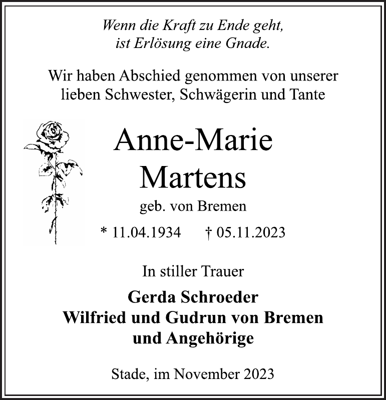 Anne-Marie Martens: Traueranzeige : Stader Tageblatt