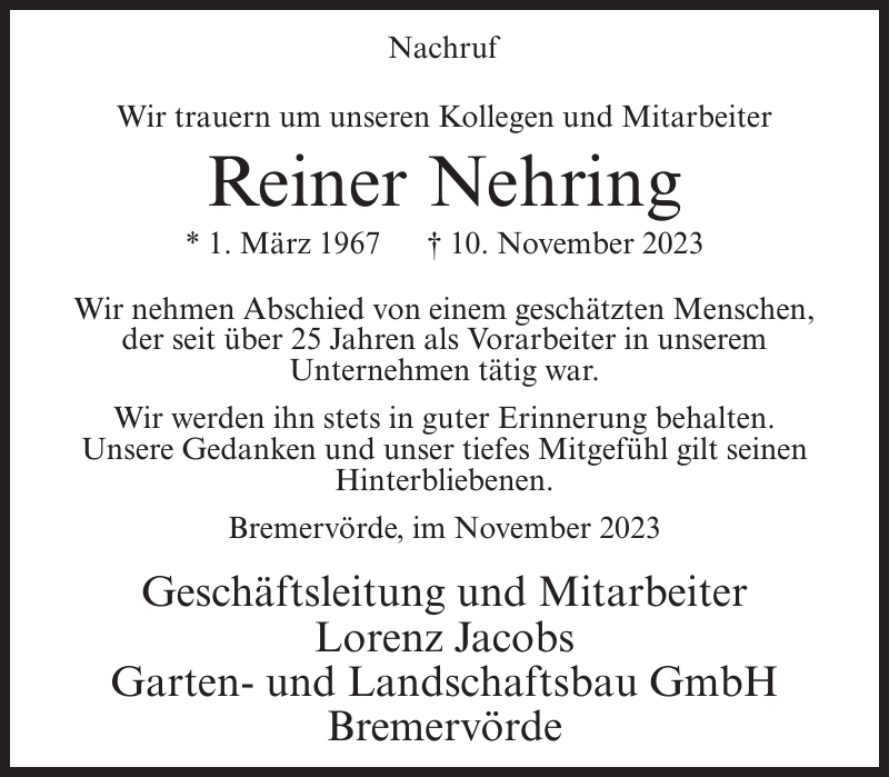 Reiner Nehring: Nachruf : Bremervörder Zeitung