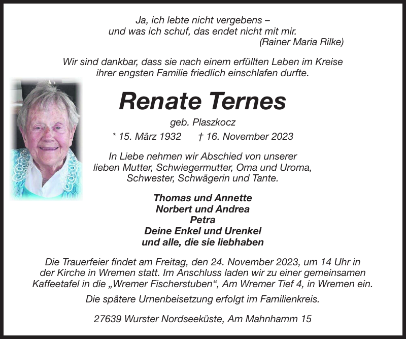 Renate Ternes: Gedenken : Nordsee-Zeitung