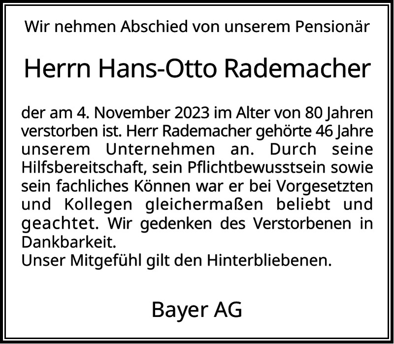Hans-Otto Rademacher: Nachruf : Westdeutsche Zeitung