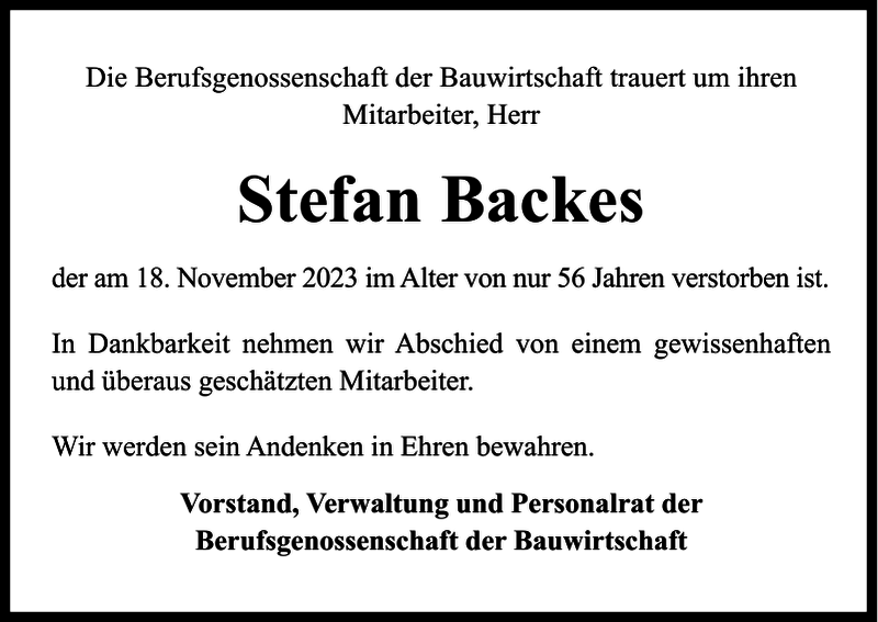 Stefan Backes: Nachruf : Westdeutsche Zeitung