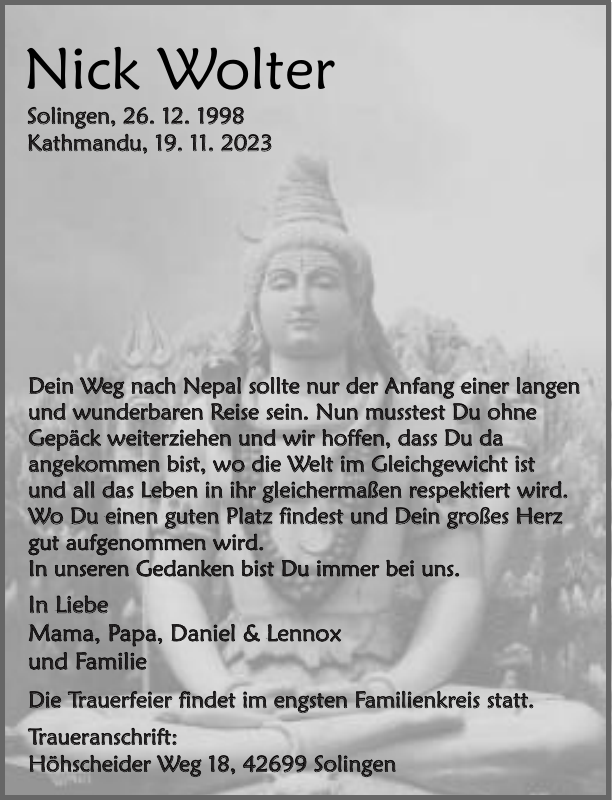 Nick Wolter: Traueranzeige : Solinger Tageblatt Trauer