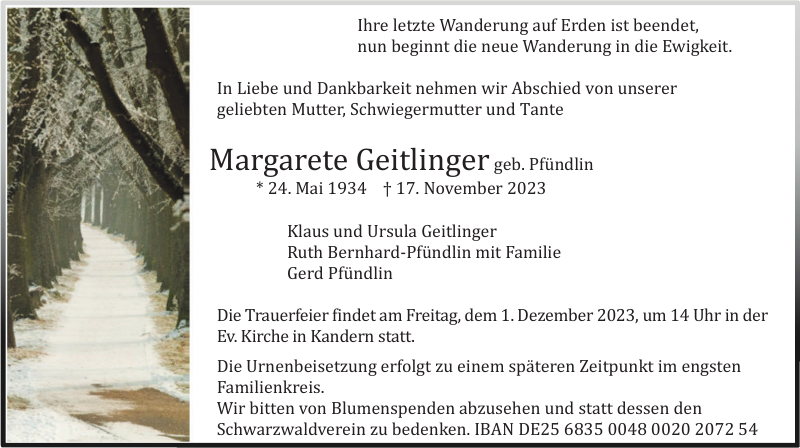 Margarete Geitlinger: Traueranzeige : Badische Zeitung