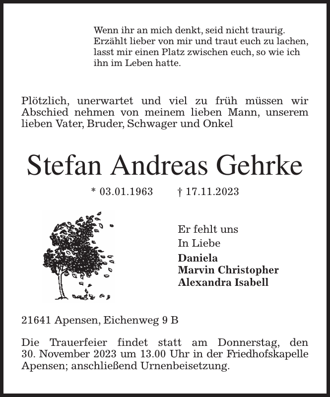 Stefan Andreas Gehrke: Traueranzeige : Stader Tageblatt