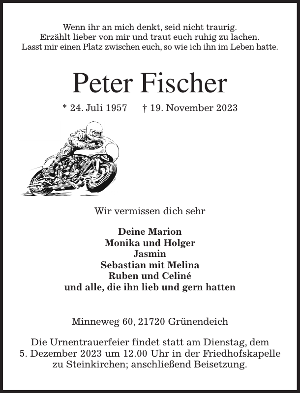 Peter Fischer: Traueranzeige : Stader Tageblatt