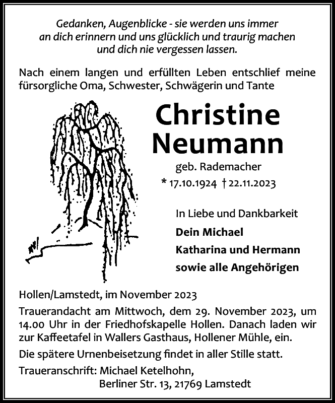Christine Neumann: Traueranzeige : Niederelbe-Zeitung