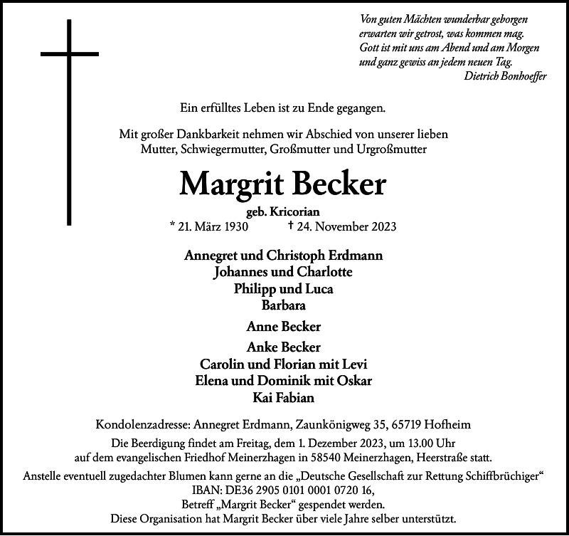 Margrit Becker: Traueranzeige : Westdeutsche Zeitung