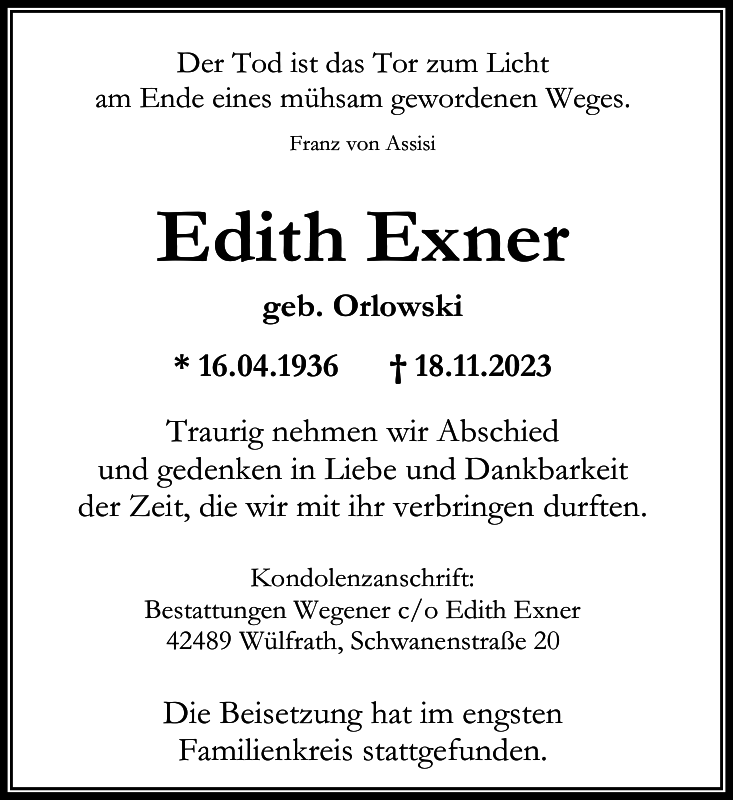 Edith Exner: Traueranzeige : Remscheider General-Anzeiger