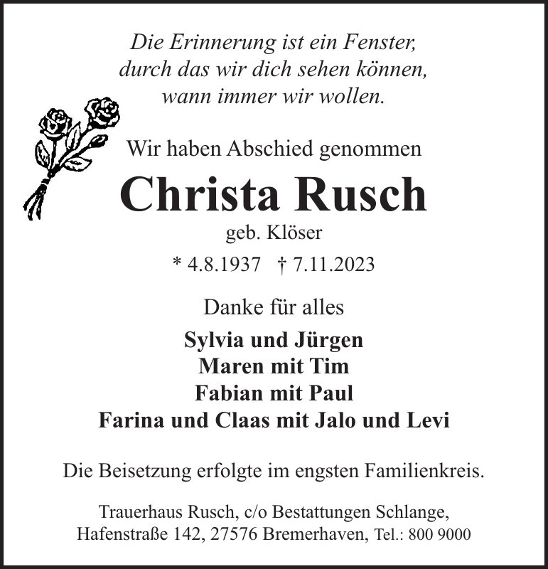 Christa Rusch: Gedenken : Nordsee-Zeitung