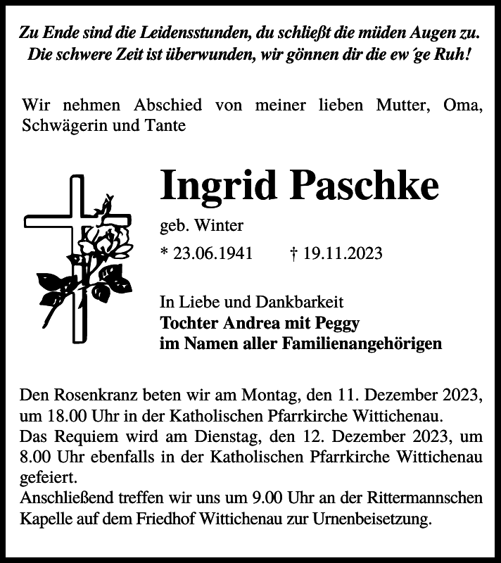 Ingrid Paschke: Traueranzeige : Sächsische Zeitung