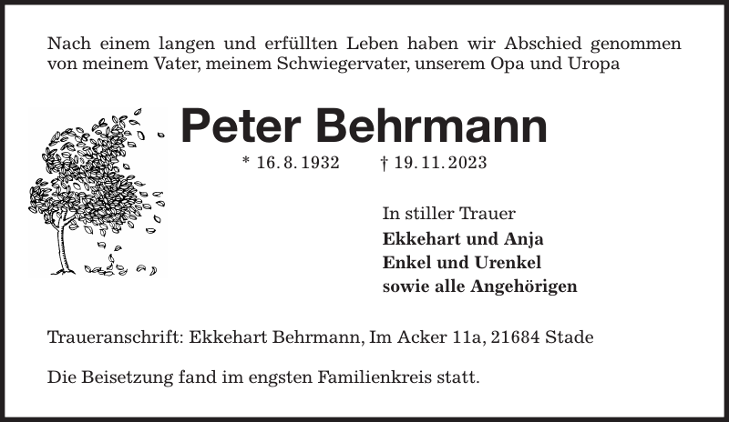 Peter Behrmann: Traueranzeige : Stader Tageblatt
