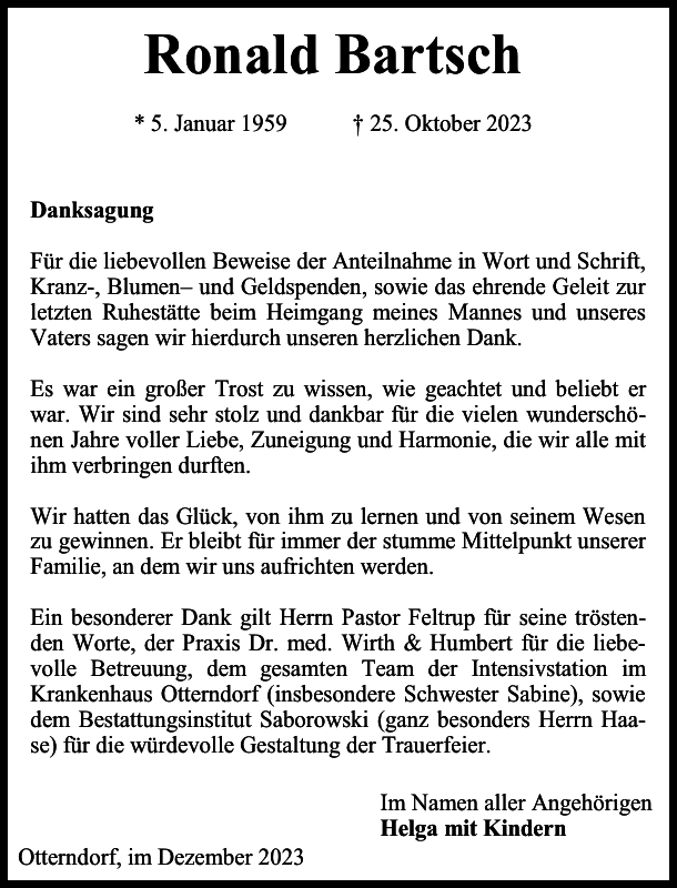 Ronald Bartsch: Danksagung : Niederelbe-Zeitung