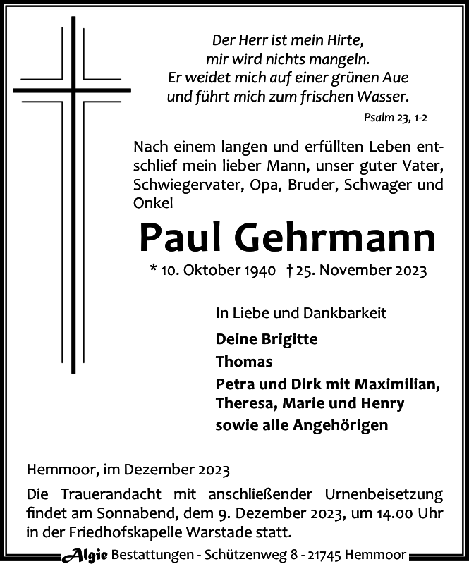 Paul Gehrmann: Traueranzeige : Niederelbe-Zeitung