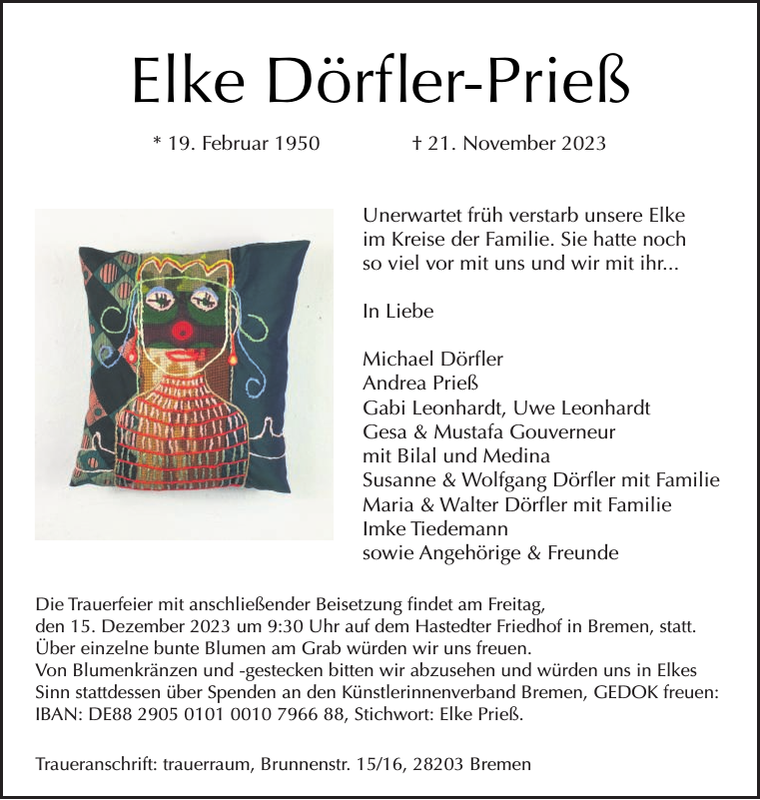 Elke Dörfler-Prieß: Traueranzeige : Cuxhavener Nachrichten