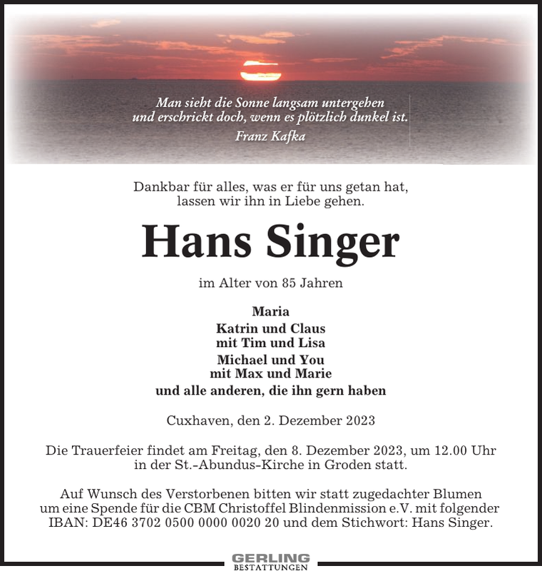 Hans Singer: Traueranzeige : Cuxhavener Nachrichten