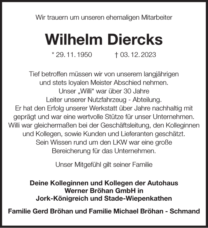 Wilhelm Diercks: Nachruf : Stader Tageblatt