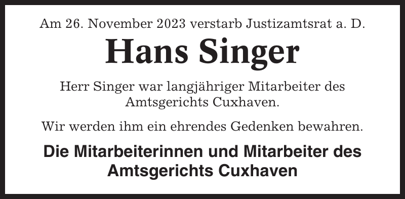 Hans Singer: Gedenken : Cuxhavener Nachrichten