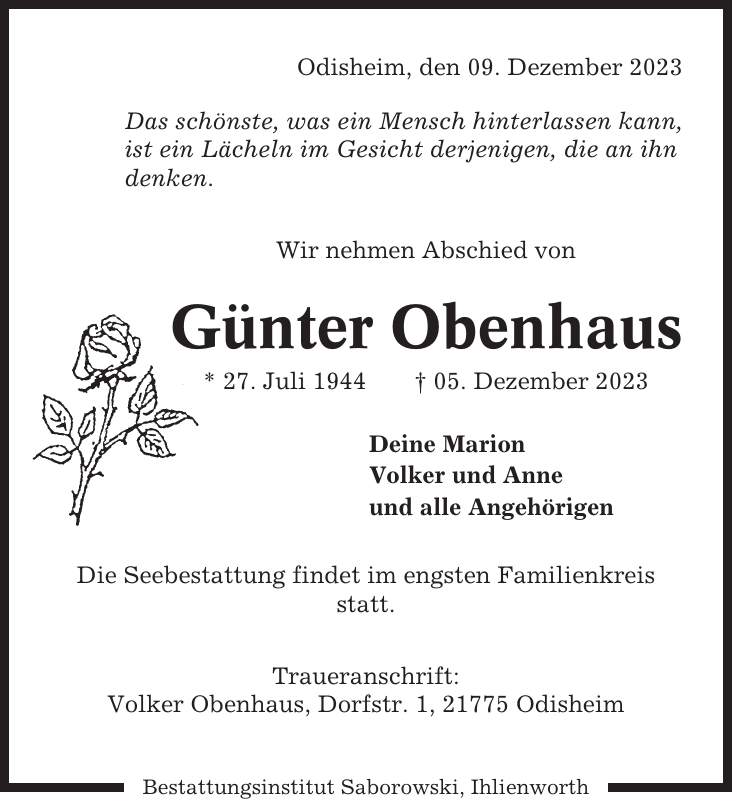 Günter Obenhaus: Traueranzeige : Niederelbe-Zeitung