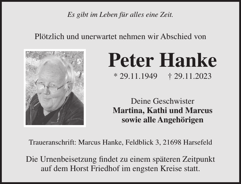 Peter Hanke: Traueranzeige : Stader Tageblatt