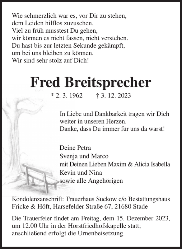 Fred Breitsprecher: Traueranzeige : Stader Tageblatt