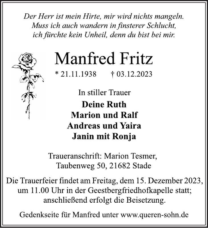 Manfred Fritz: Traueranzeige : Stader Tageblatt