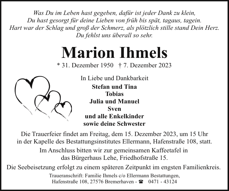 Marion Ihmels: Gedenken : Nordsee-Zeitung