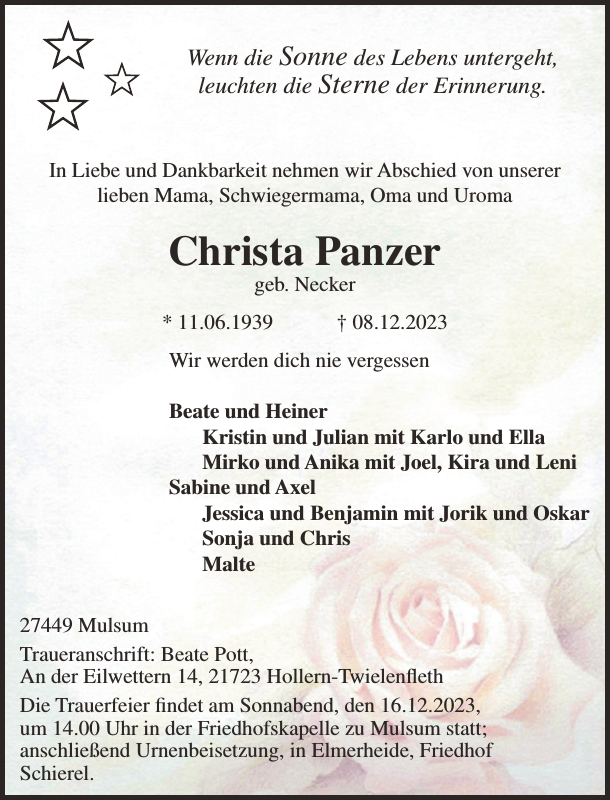 Christa Panzer: Traueranzeige : Stader Tageblatt