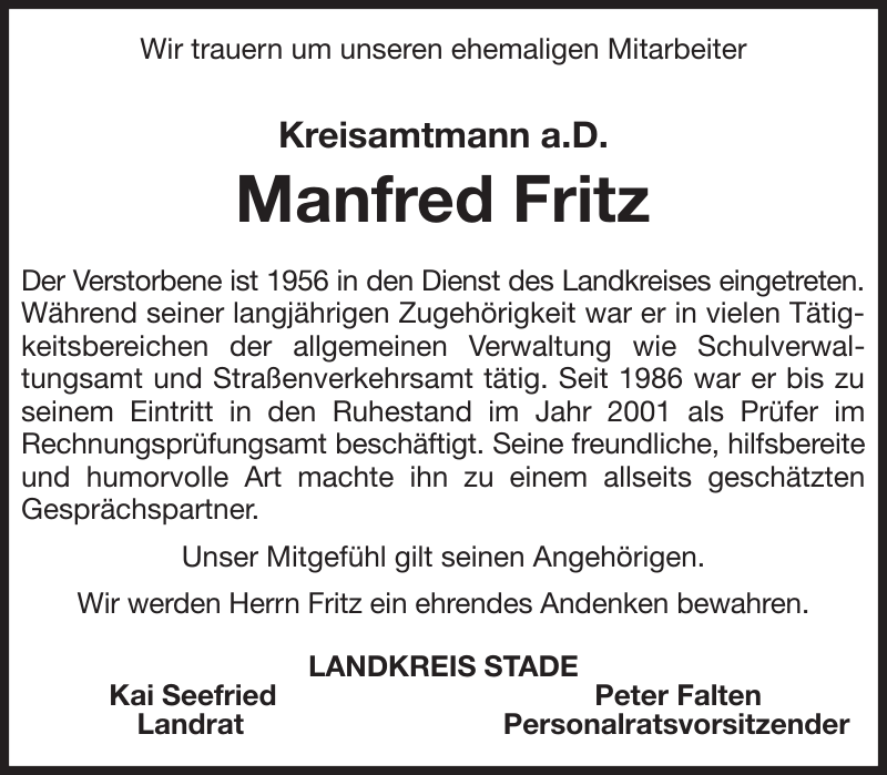 Manfred Fritz: Nachruf : Stader Tageblatt